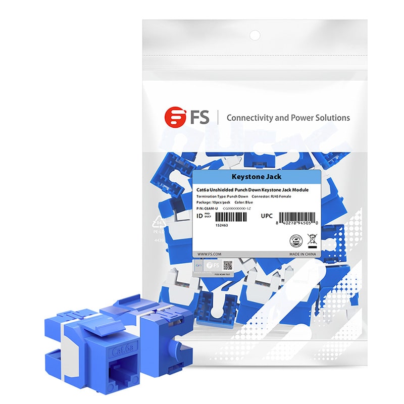 Cat6a RJ45 (8P8C) Unshielded Punch Down Keystone Jack Module, Blue (10 PCS/Pack) - FS.com