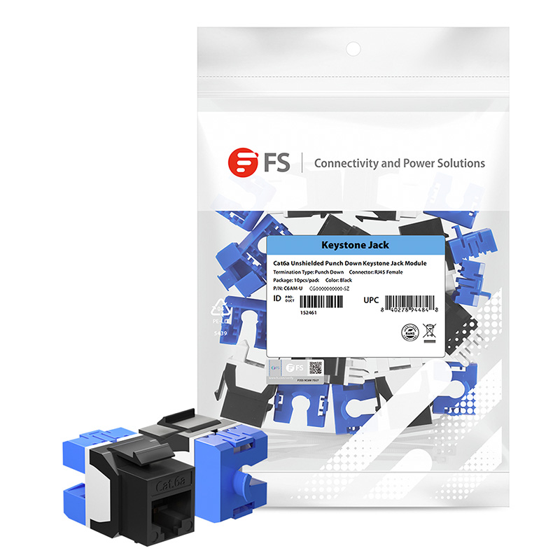 Cat6a RJ45 (8P8C) Unshielded Punch Down Keystone Jack Module, Black (10 PCS/Pack) - FS.com Europe