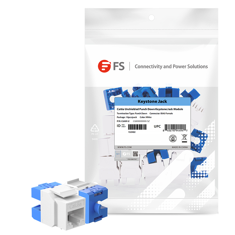 Cat6a RJ45 (8P8C) Unshielded Punch Down Keystone Jack Module, White (10 PCS/Pack) - FS.com