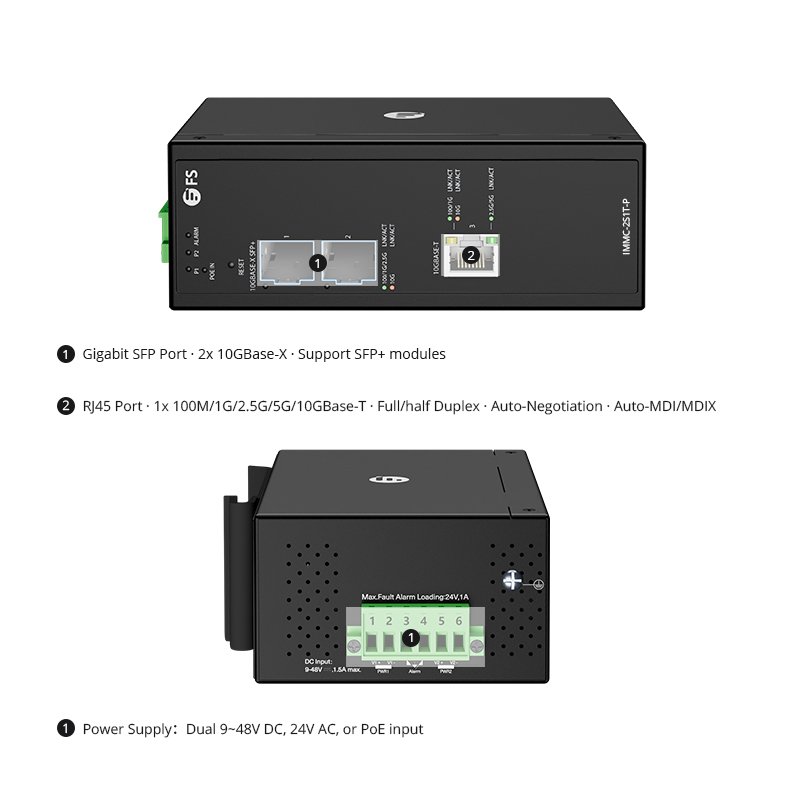 Industrial Managed 1x 100M/1G/2.5G/5G/10GBase-T RJ45 to 2x 100M/1G/2.5G/10GBase-X SFP+ Slot ...