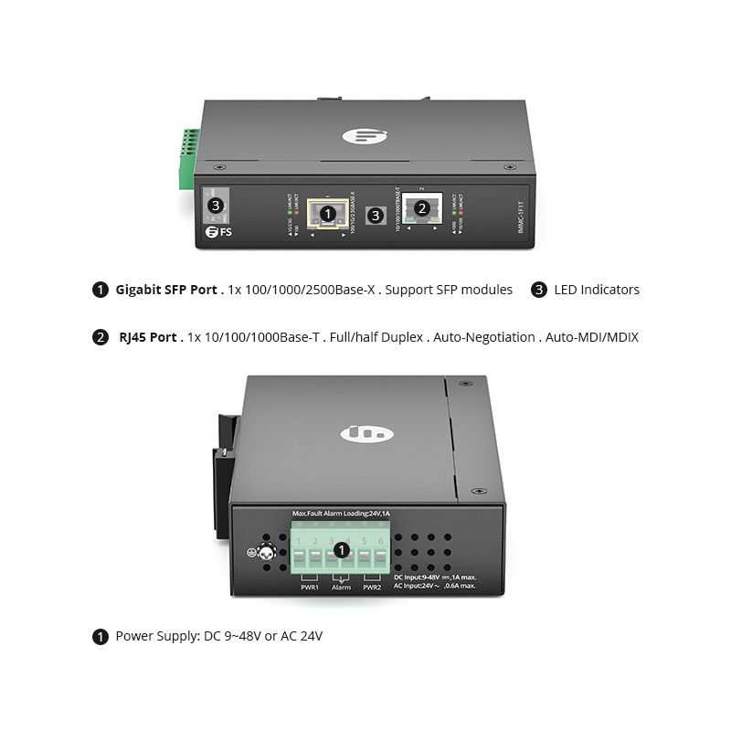 Industrial Managed 1x 10/100/1000Base-T RJ45 to 1x 100/1000/2500Base-X SFP Slot Gigabit Ethernet ...